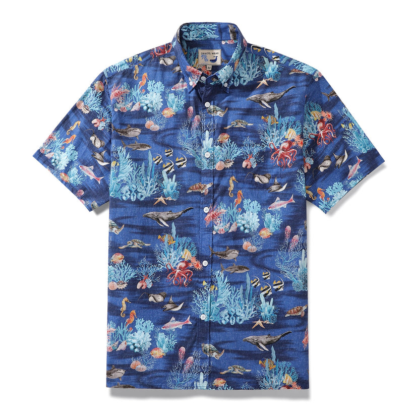 Hawaiian Shirt For Men Blue Short Sleeve Ocean Marine Life Aloha Shirt ...