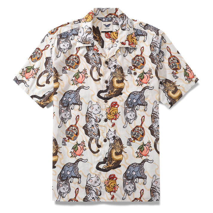 Cat Hawaiian Shirt For Men Ukiyo-e Art Print Camp Collar 100% Cotton S – Outlets Yiume