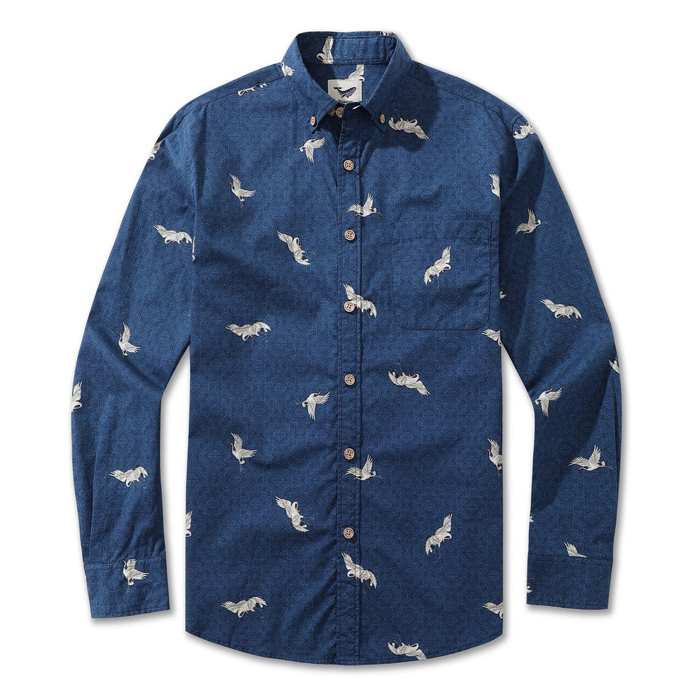 Men's Hawaiian Shirt Crane Cotton Button-down Long Sleeve Aloha Shirt ...